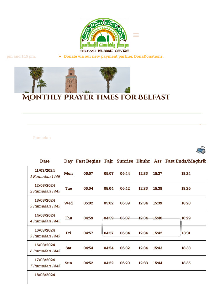 Monthly Prayer Times - Belfast Islamic Centre | PDF | Ramadan | Semitic Words And Phrases