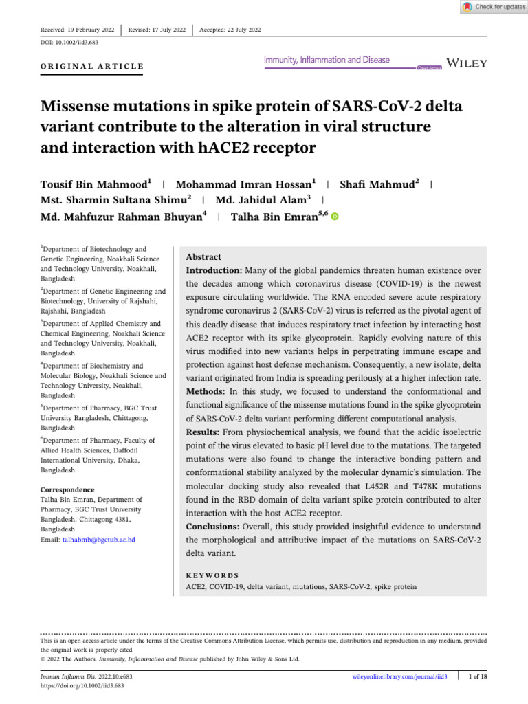 Immunity Inflam Disease - 2022 - Mahmood - Missense Mutations in Spike Protein of SARS‐CoV‐2 ...