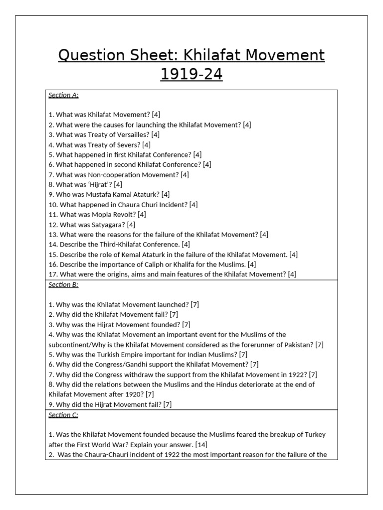 Question Sheet - Khilafat Movement | PDF