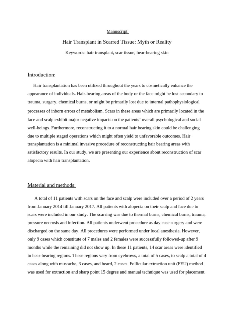 Manuscript - Hair Transplant On Scar Tissue | PDF | Medical Specialties ...