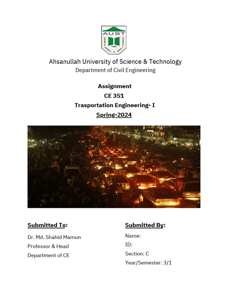 CE 351 Transportation Engineering Assignment | PDF