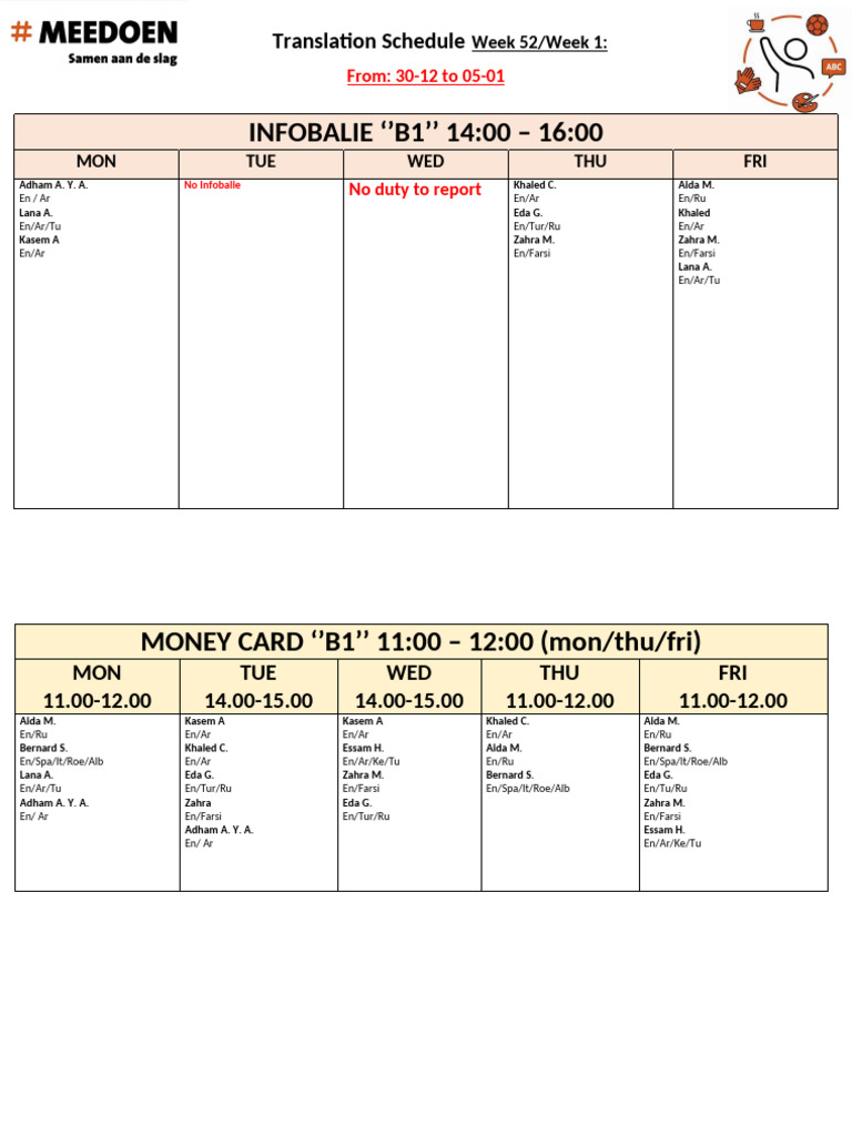 Translation Schedule 30.12 - 05.01 2024 | PDF