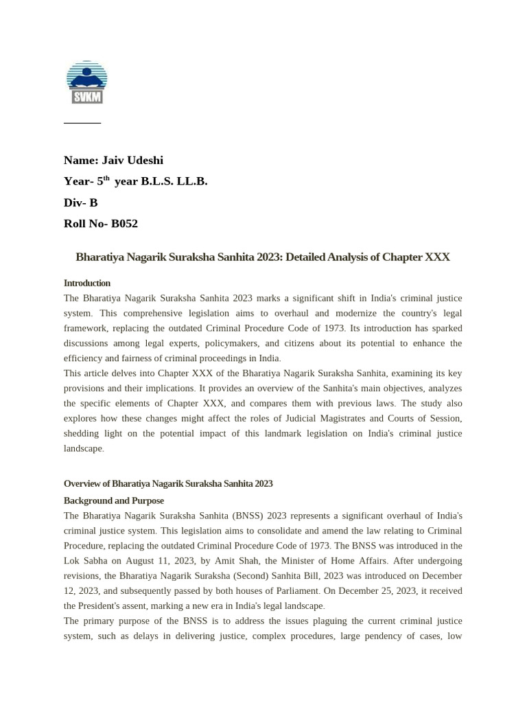 BNSS Assignment - Roll No B052 | PDF | Crimes | Crime & Violence