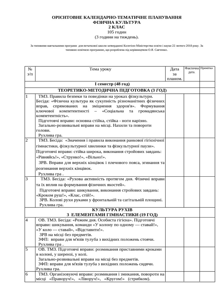Календарне планування фізична культура 2 клас НУШ за Савченко І семестр