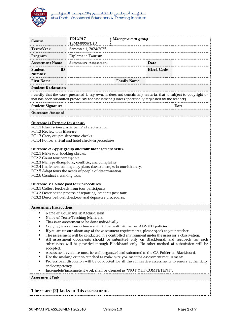 TOU4017 Summ Asmt - MAS - UF | PDF