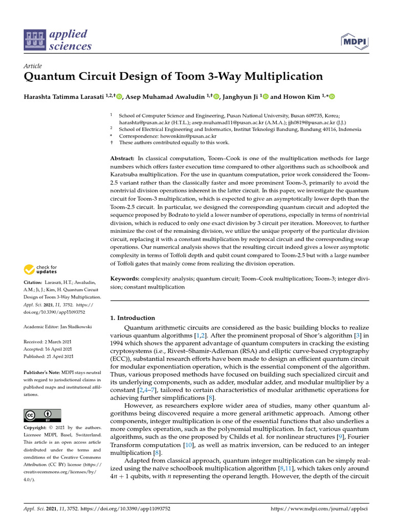 Quantum Circuit Design of Toom 3-Way Multiplicatio | PDF | Quantum Computing | Multiplication