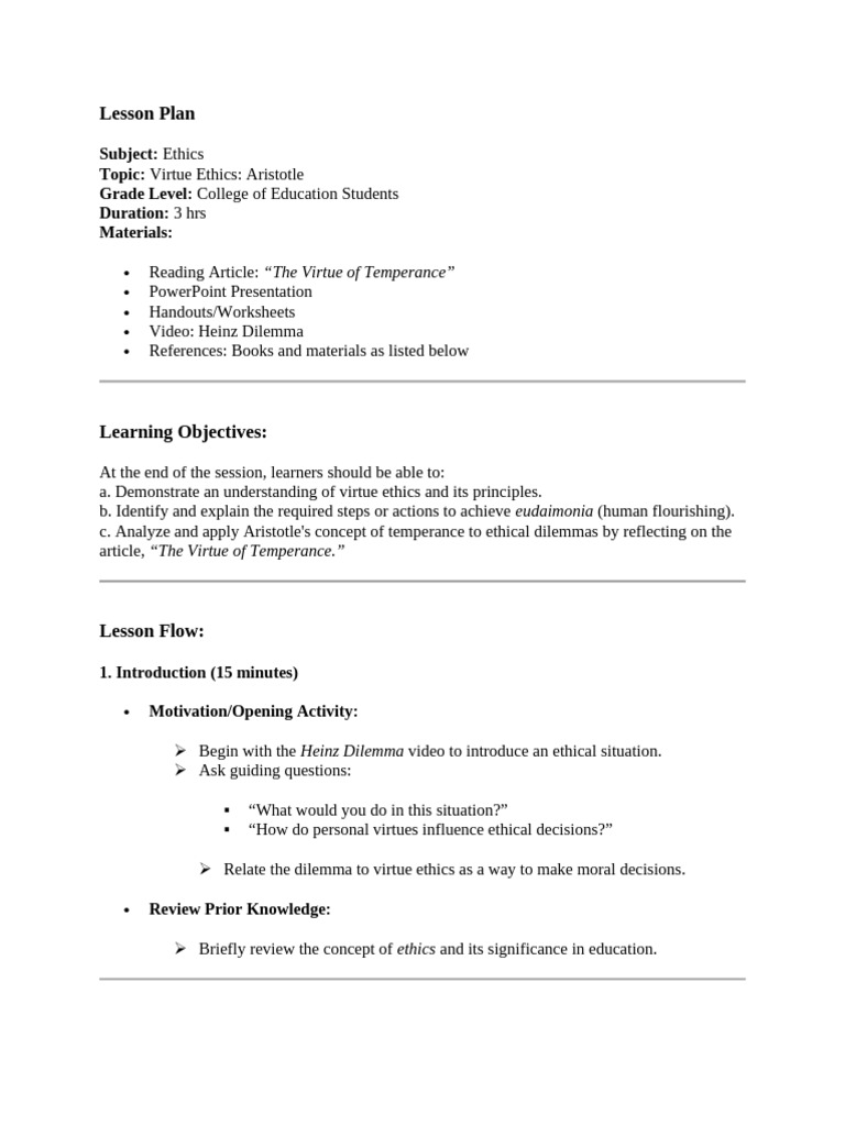 Virtue Ethics and Temperance Lesson Plan | PDF | Virtue | Cognition