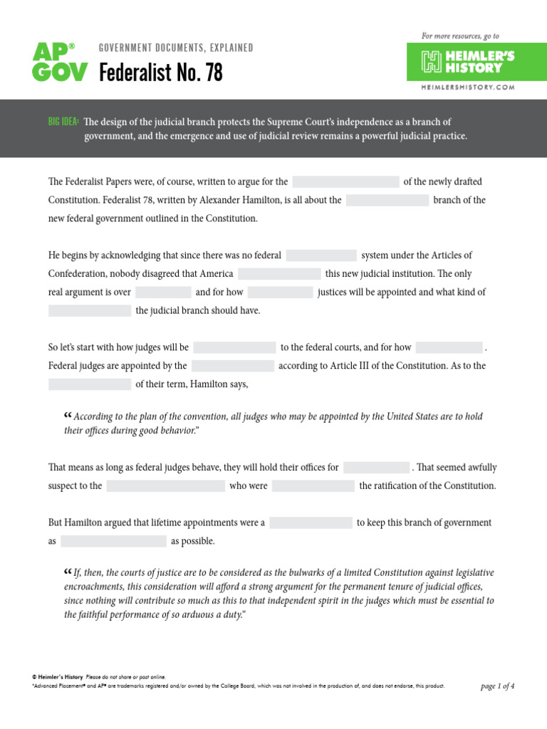 Federalist No. 78: Judicial Independence Explained | PDF | Constitution ...