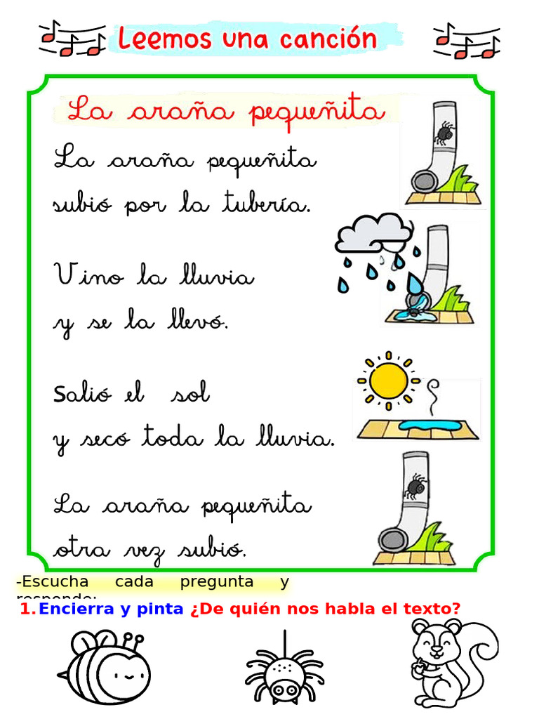 FICHA LECTURA LA ARAÑA PEQUEÑITA VOCAL A 2024 | PDF
