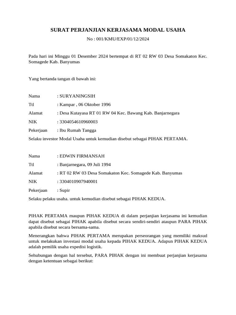 SURAT PERJANJIAN KERJASAMA MODAL USAHA Edwin | PDF