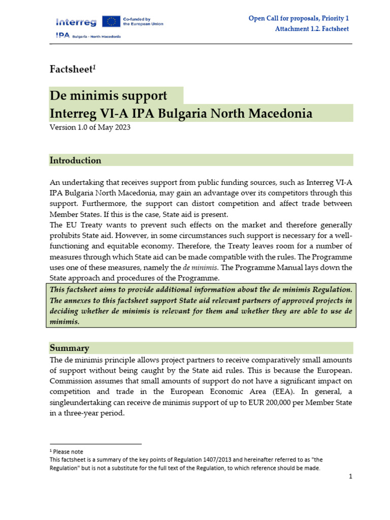 De Minimis Aid Guidelines for Interreg VI-A | PDF | Subsidy | Mergers ...