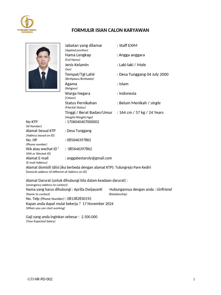 Applicant Form_Angga Anggara | PDF