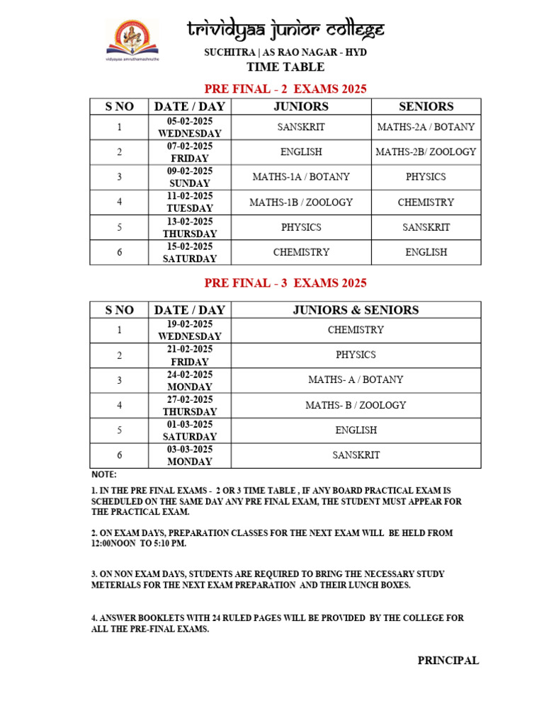 Pre Final 2, 3 Time Table | PDF
