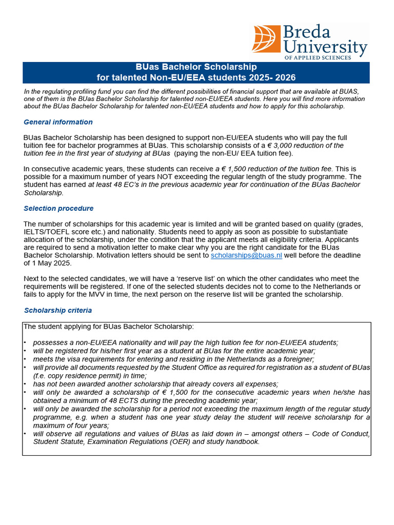 BUas Bachelor Scholarship for Non-EU Students | PDF | Fee | Tuition ...