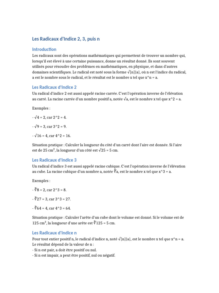 Comprendre les Radicaux d'Indice 2 et n | PDF