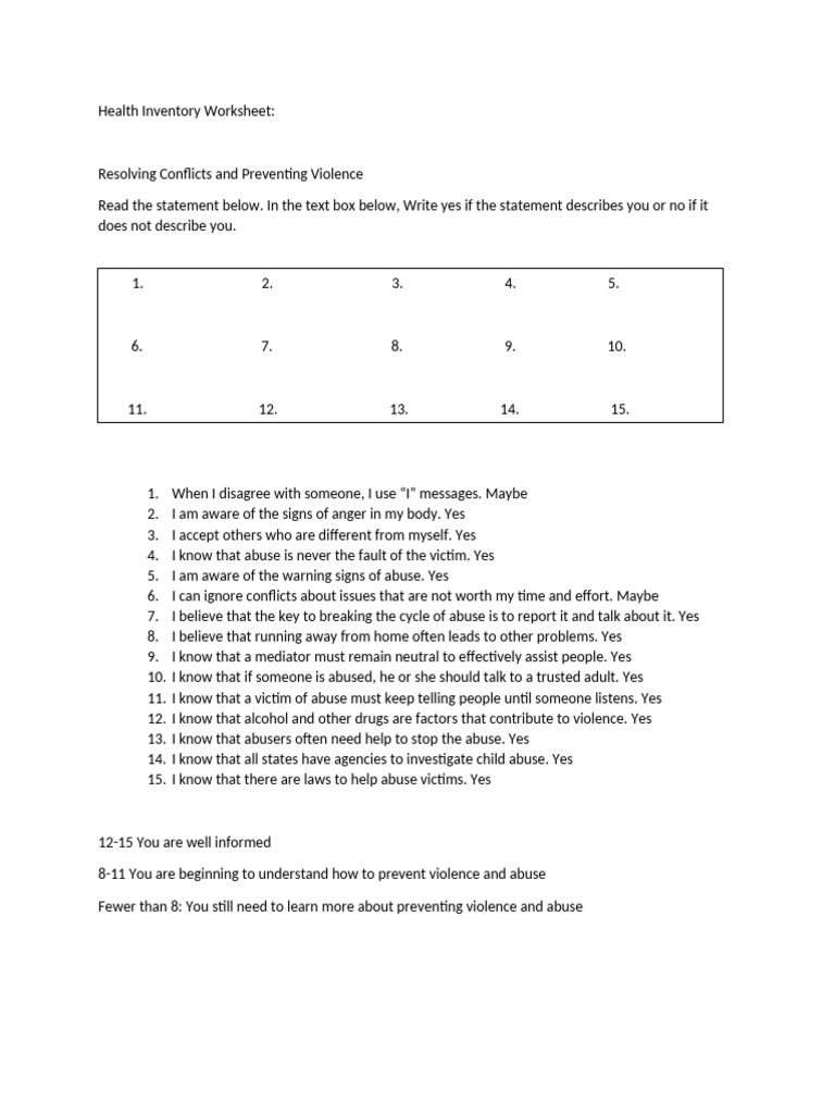 Health Inventory Worksheet | PDF