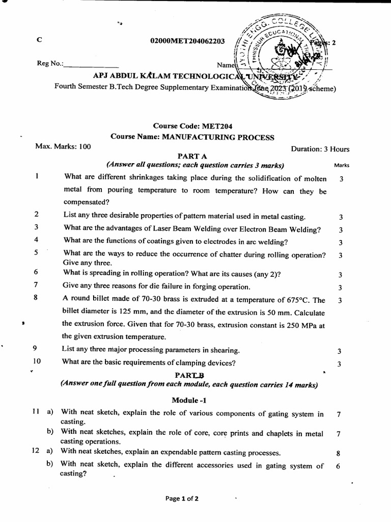 Btech Met 4 Sem Manufacturing Process Met204 Jun 2023 | PDF | Welding | Construction