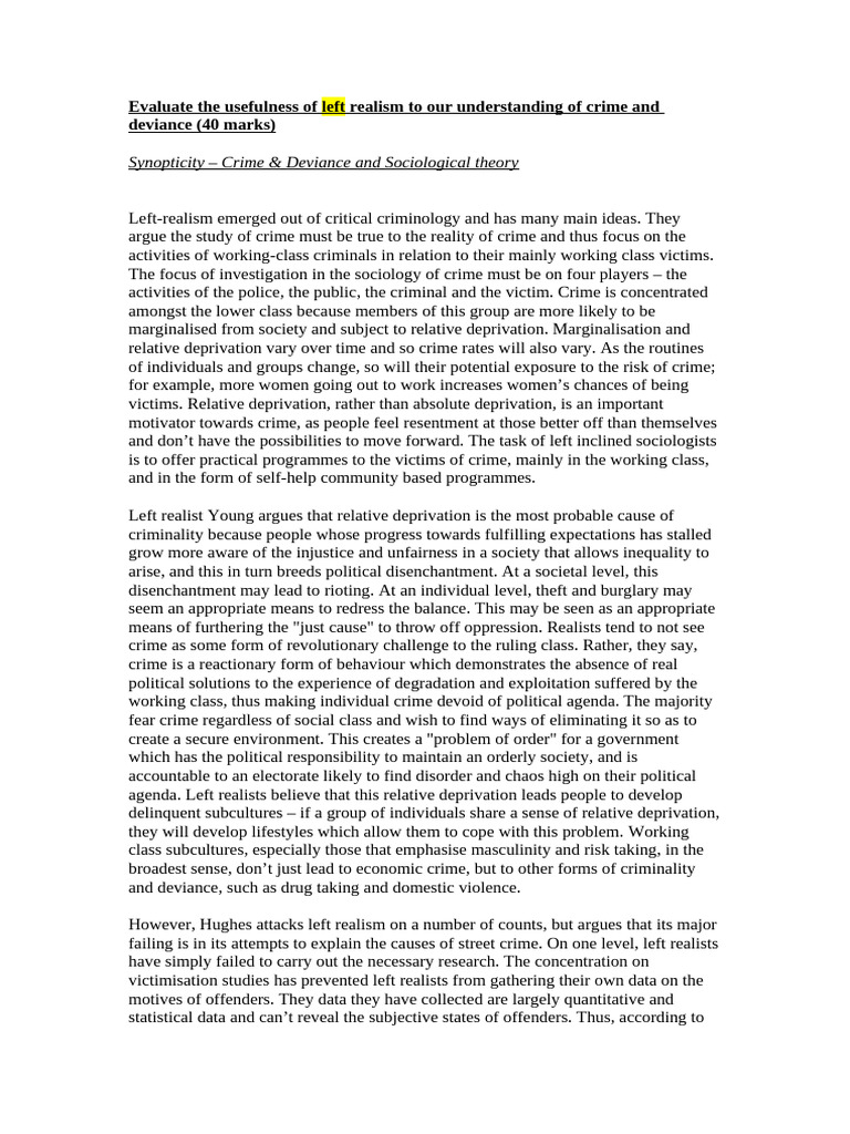 Evaluate The Usefulness of Left Realism To Our Understanding of Crime ...