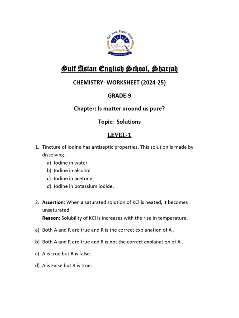 Chemistry WORKSHEET (Solutions ) | PDF