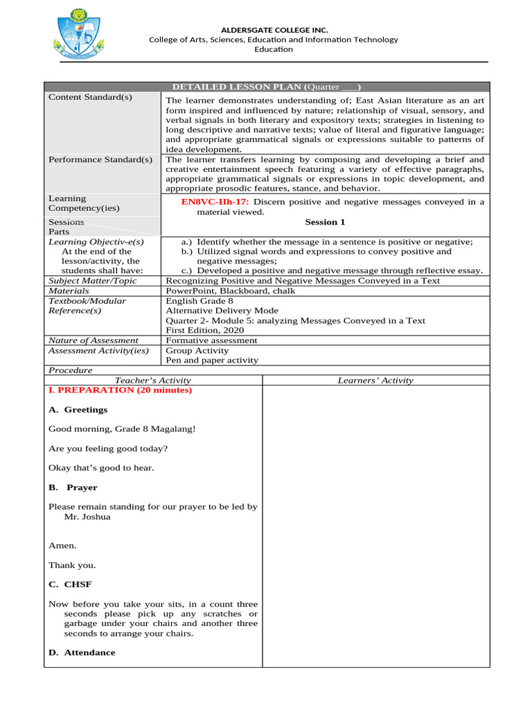 Detailed-Lesson-Plan-Template (1) - 071308 | PDF | Learning | Lesson Plan