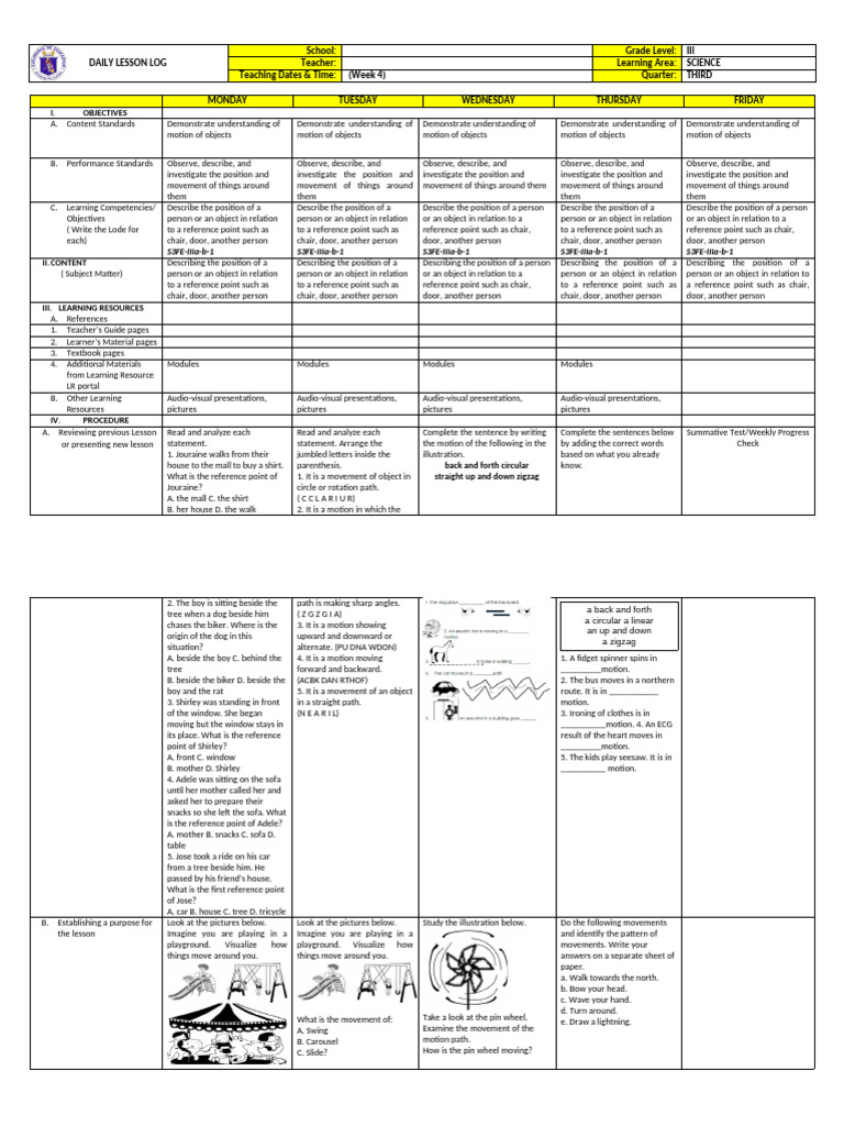DLL - SCIENCE 3 - Q3 - WEEK 4 DescribeThePositionofAPersonOranObject | PDF