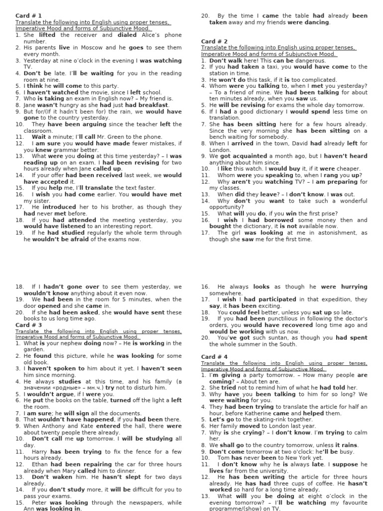 English Tenses and Moods Practice | PDF | Grammatical Tense | Linguistics