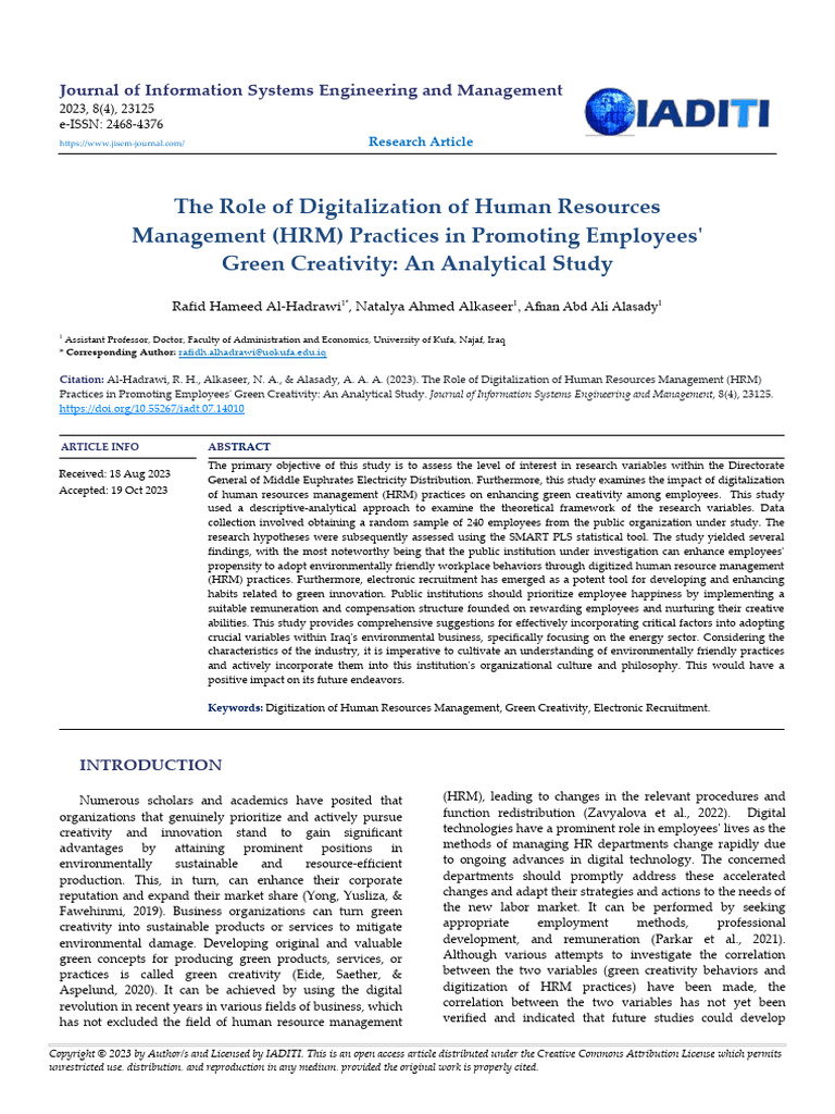 The Role of Digitalization of Human Resources Management HRM Practices ...