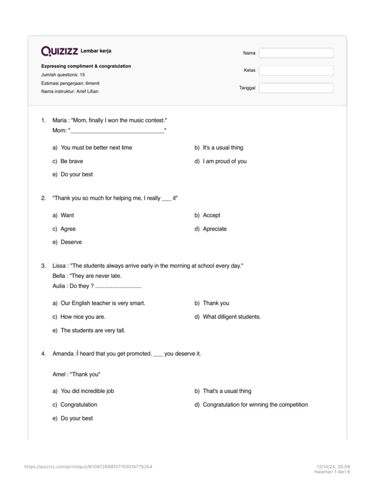 Expressing Compliment & Congratulation - Quizizz | PDF