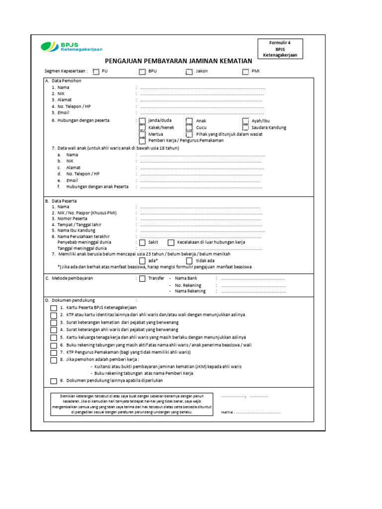 Formulir 4 BPJS Ketenagakerjaan | PDF