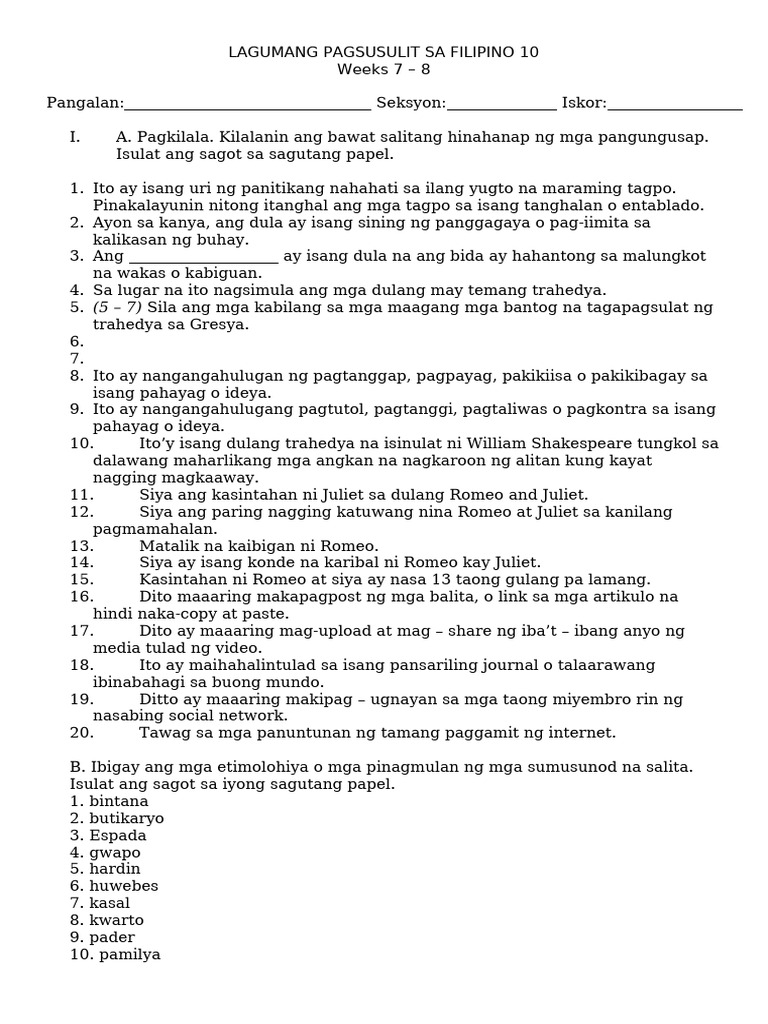 LAGUMANG PAGSUSULIT SA FILIPINO 10 Week 7 - 8 | PDF