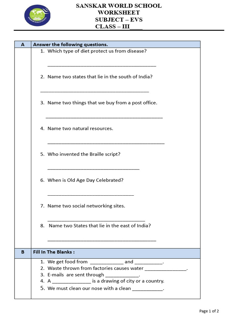 EVS Worksheet for Class III Students | PDF