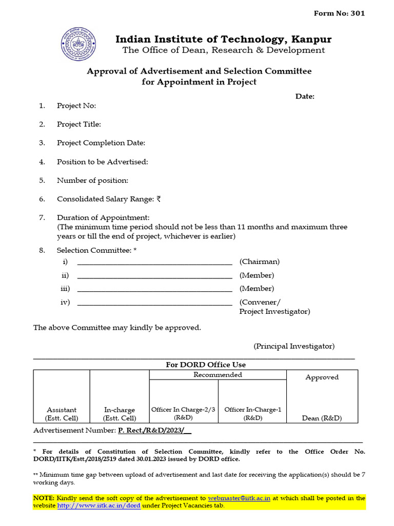 Indian Institute of Technology, Kanpur: Approval of Advertisement and Selection Committee For ...