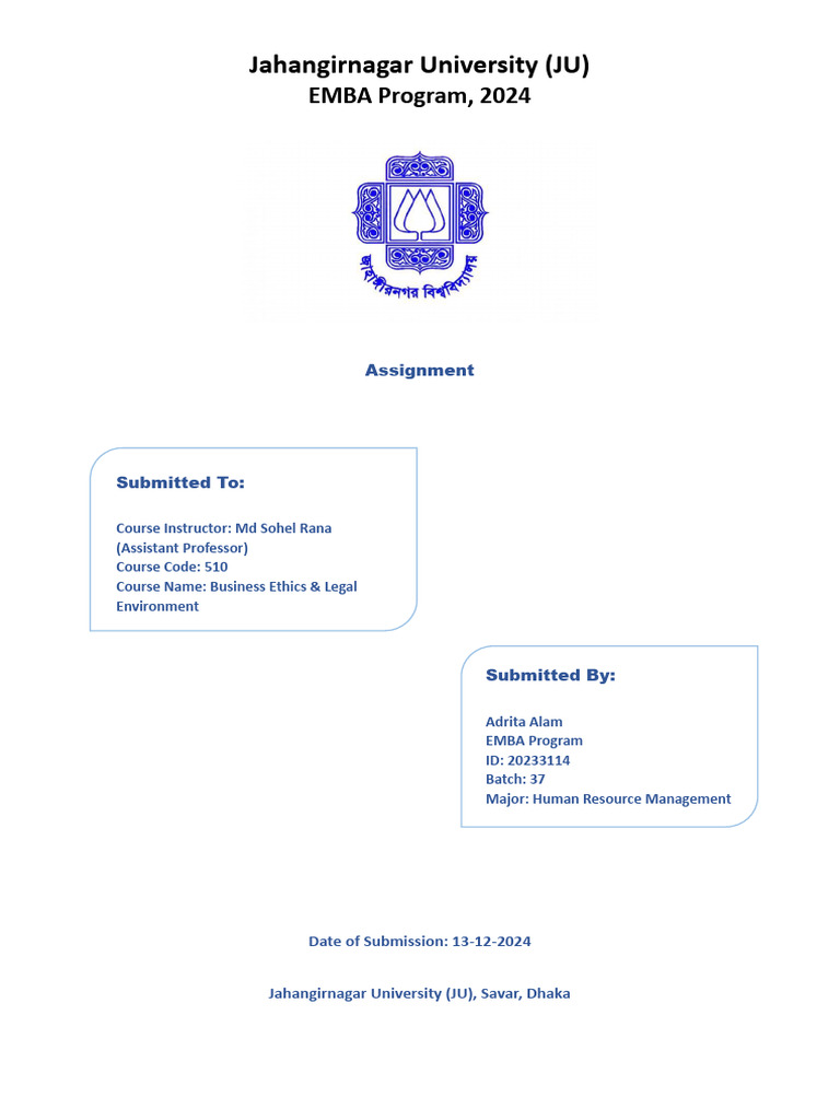 JU EMBA 2024 Business Ethics Assignment | PDF