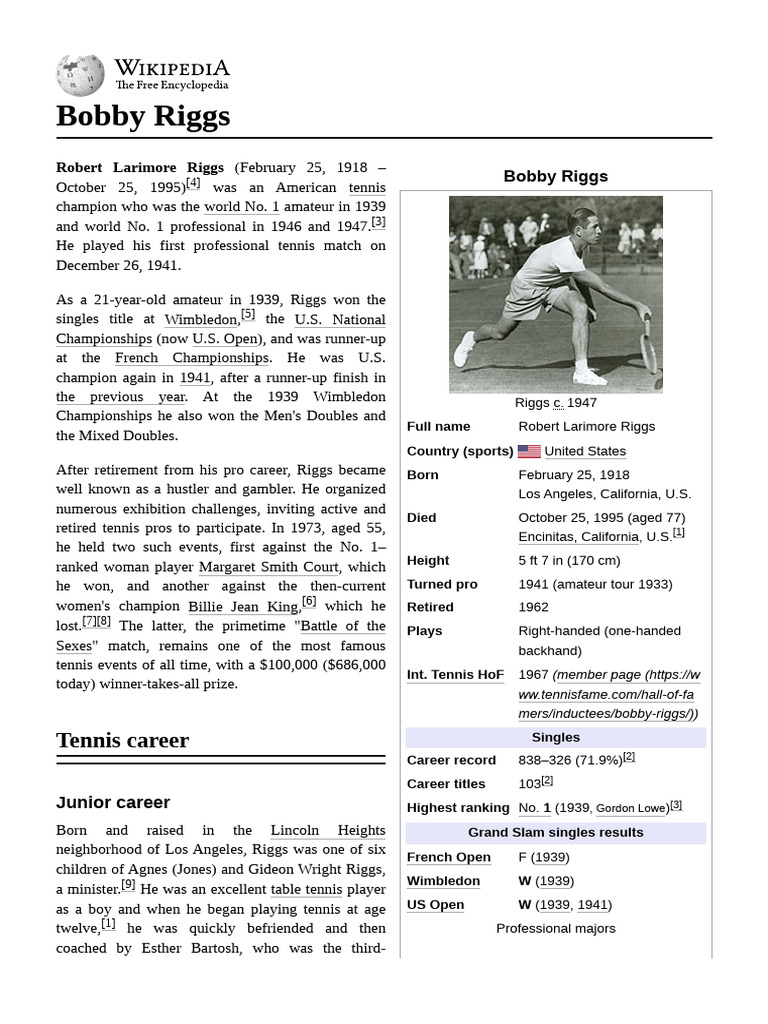 Bobby_Riggs | PDF | Tennis Tournaments | Tennis People