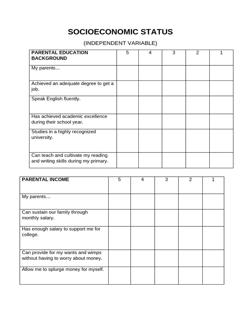 RESEARCH QUESTIONNAIRE | PDF | Skill | Socioeconomic Status