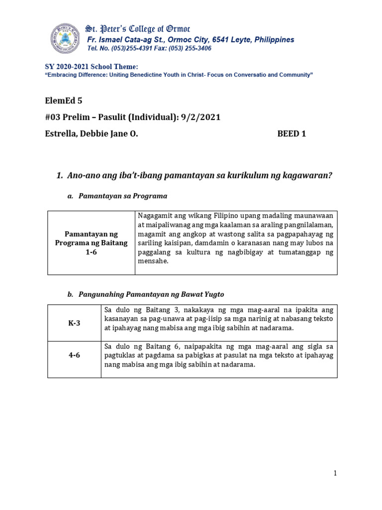 ESTRELLA, DEBBIE JANE O. - BEED 1 - ElemEd 5 - Pasulit | PDF