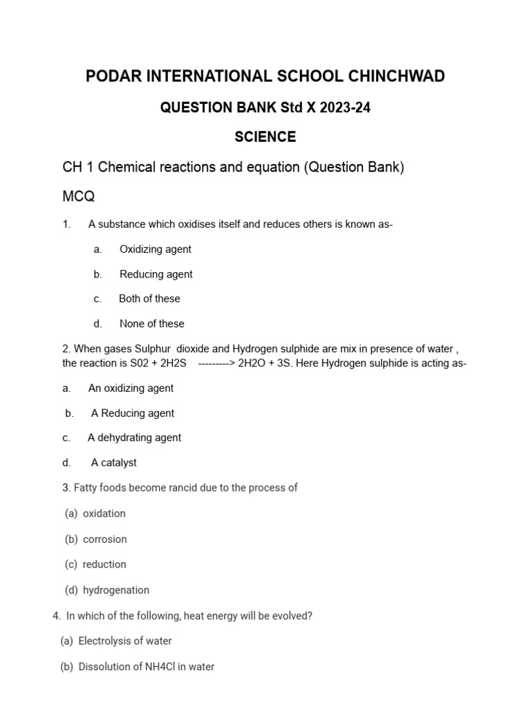 2023-24 Question Bank Science -X | PDF | Chemical Compounds | Acid