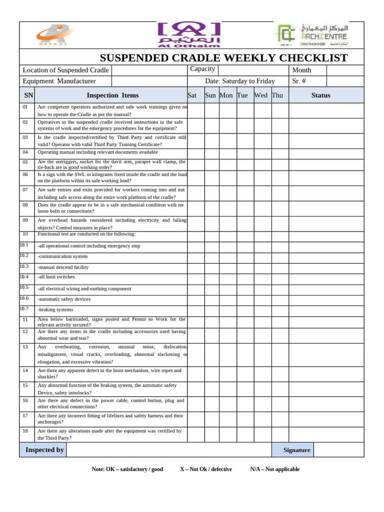 Cradle-Inspection-Weekly-Checklist | PDF | Electrical Engineering ...