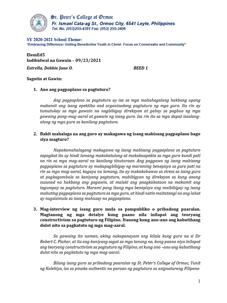 Estrella, Debbie Jane O. - BEED 1 - ElemEd 5 - Individwal Na GAwain | PDF