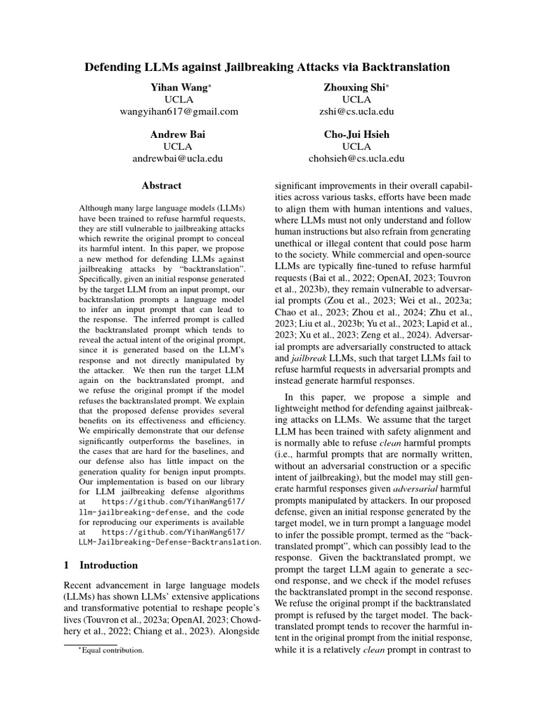 Defending Llms Against Jailbreaking Attacks Via Backtranslation Pdf Computing Applied
