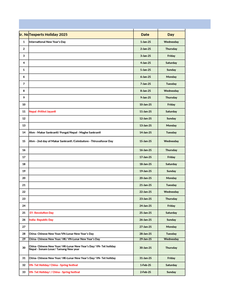 Texperts Holiday List-2025 | PDF | Workweek And Weekend | Traditions