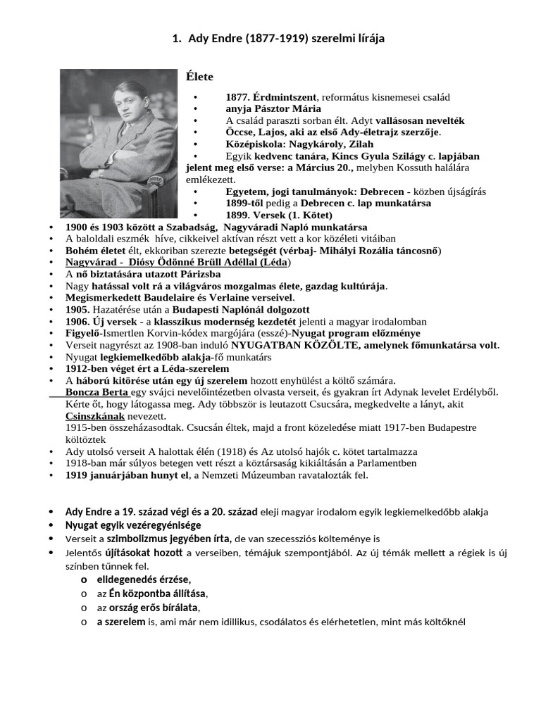 1. Ady Endre szerelmi lírája | PDF