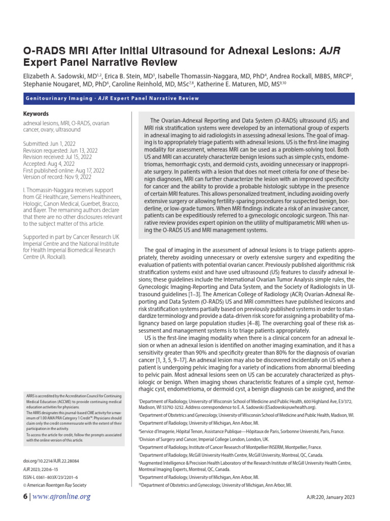 Sadowski Et Al 2022 o Rads Mri After Initial Ultrasound For Adnexal ...