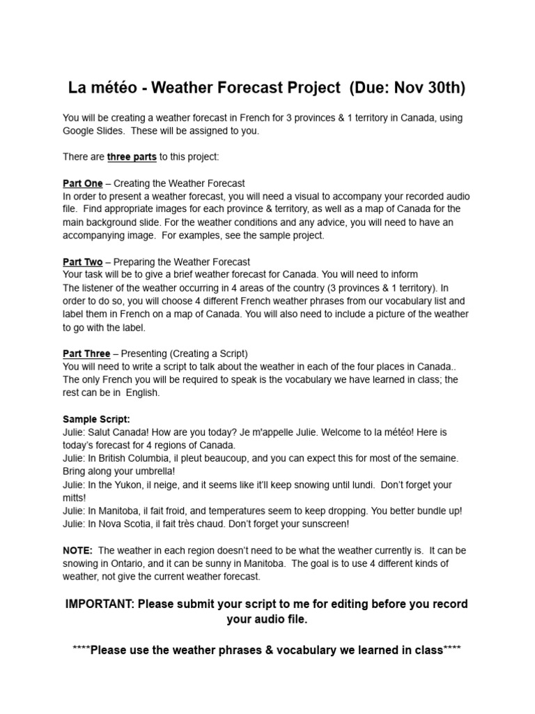La météo - Weather Forecast Project - Google Docs | PDF