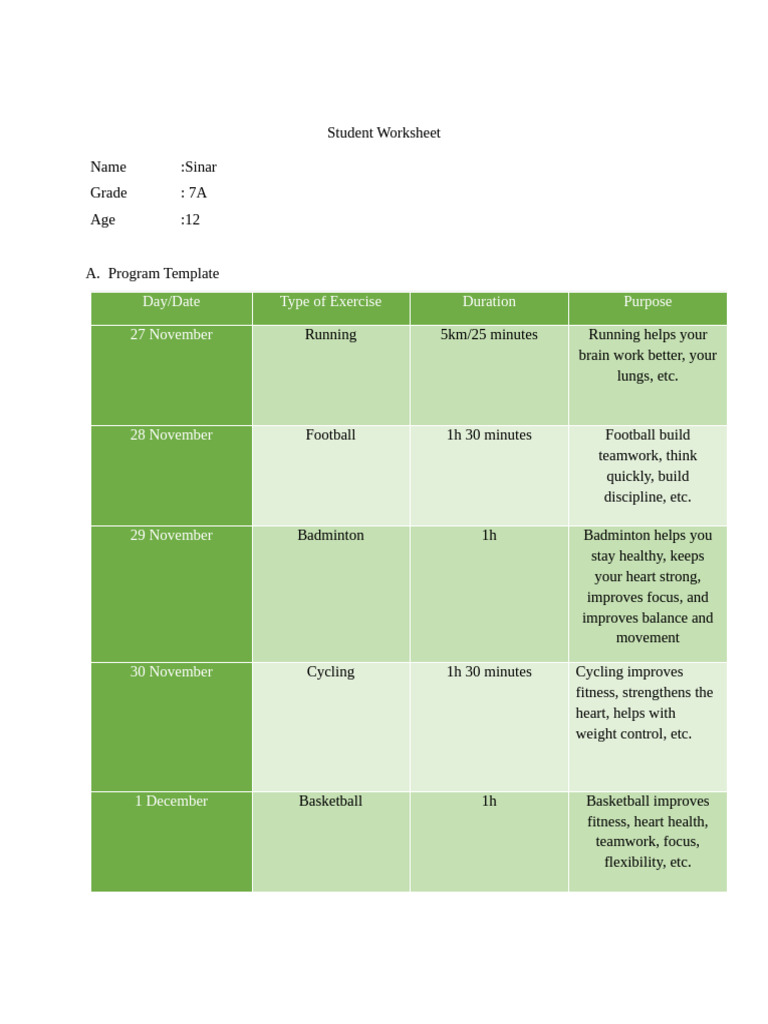 Student Worksheet | PDF | Physical Fitness | Management Of Obesity