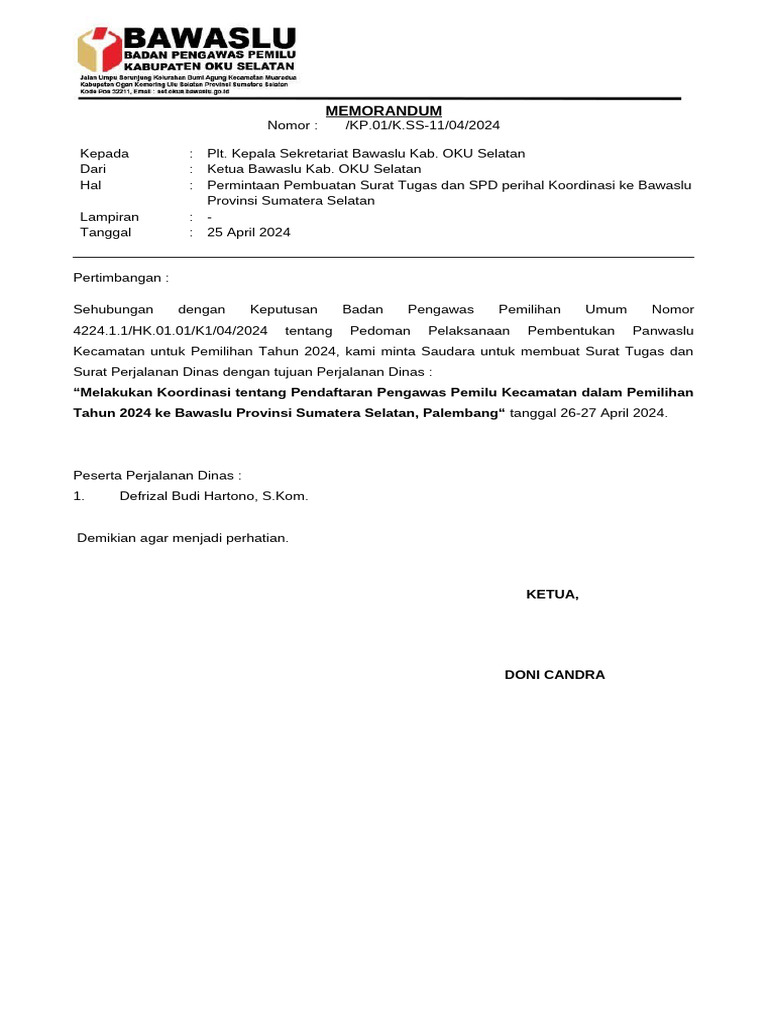 Surat Tugas Koordinasi Bawaslu 2024 | PDF