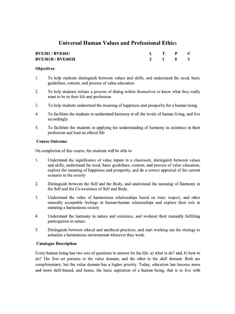 Human Value Syllabus BVE301 | PDF