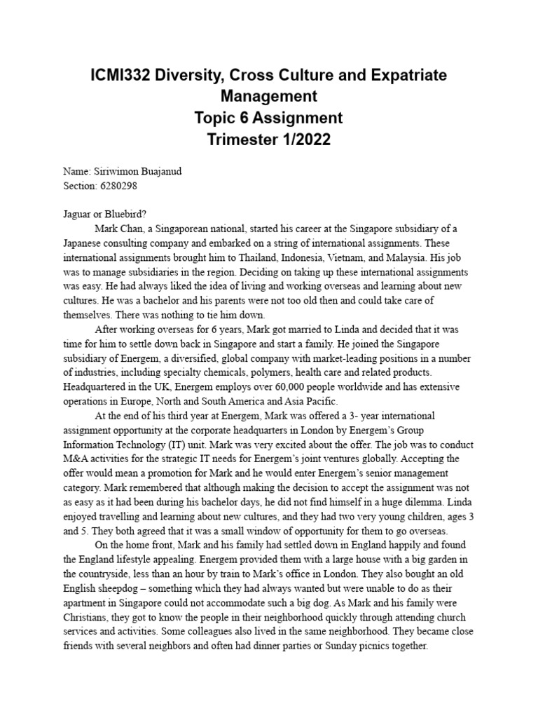 ICMI332 Diversity, Cross Culture and Expatriate Management Topic 6 Assignment Trimester 1/2022 ...