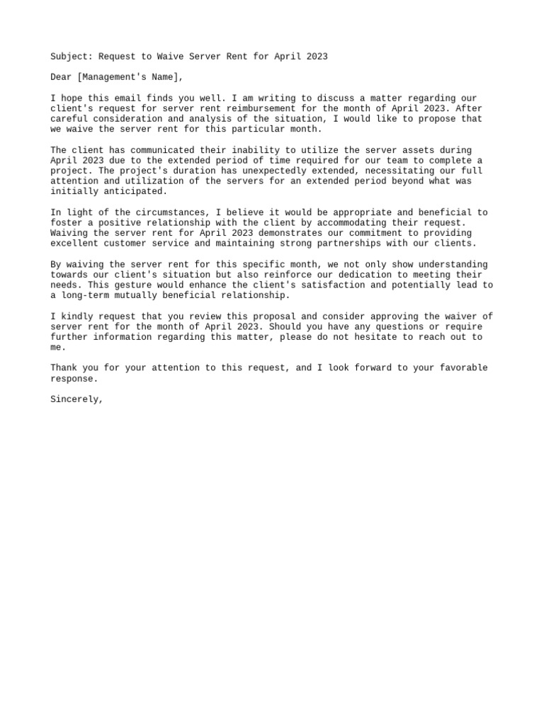 April 2023 Server Rent Waiver Request | PDF