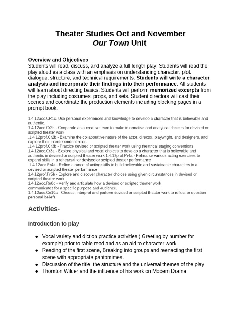 Our Town Theater Unit Overview | PDF | Theatre | Learning